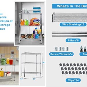 3-Tier Metal Shelving Adjustable Height 450Lb Capacity Small Wire Shelving Unit Solid Steel Storage Shelves Commercial Storage Rack for Kitchen Office Pantry Laundry (Chrome, 24"Lx14"Wx30"H)