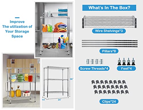 3-Tier Metal Shelving Adjustable Height 450Lb Capacity Small Wire Shelving Unit Solid Steel Storage Shelves Commercial Storage Rack for Kitchen Office Pantry Laundry (Chrome, 24"Lx14"Wx30"H)