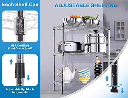 3-Tier Metal Shelving Adjustable Height 450Lb Capacity Small Wire Shelving Unit Solid Steel Storage Shelves Commercial Storage Rack for Kitchen Office Pantry Laundry (Chrome, 24"Lx14"Wx30"H)