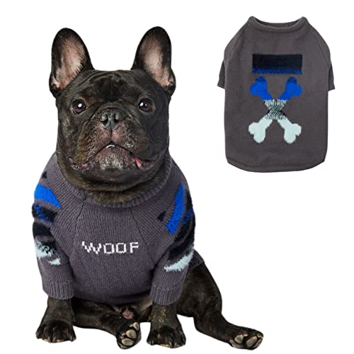 ChoChoCho Woof Knit Dog Sweater, Fashion Design Thermal Knitted Dog Sweaters for Dogs Puppy Small Medium Large, Warm Doggy Sweater Winter Clothes (Blue/Grey, 5XL)