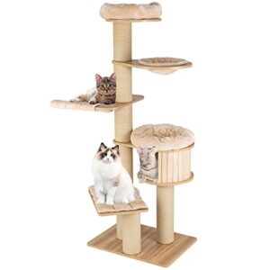 Tangkula Modern Cat Tree, Multi-Level Large Cat Tower w/Cat Condo, Hammocks & Hanging Basket, Tall Cat Tree w/Sisal Posts, Washable Cushions, Wood Cat Trees and Towers for Indoor Large Cats