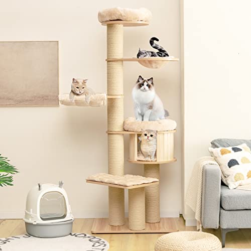 Tangkula Modern Cat Tree, Multi-Level Large Cat Tower w/Cat Condo, Hammocks & Hanging Basket, Tall Cat Tree w/Sisal Posts, Washable Cushions, Wood Cat Trees and Towers for Indoor Large Cats