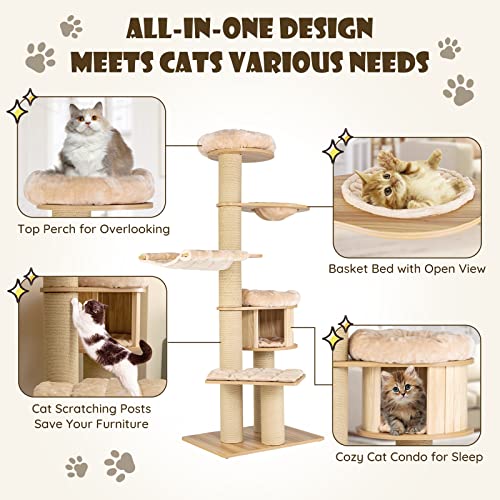 Tangkula Modern Cat Tree, Multi-Level Large Cat Tower w/Cat Condo, Hammocks & Hanging Basket, Tall Cat Tree w/Sisal Posts, Washable Cushions, Wood Cat Trees and Towers for Indoor Large Cats