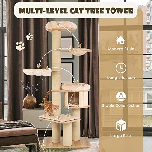 Tangkula Modern Cat Tree, Multi-Level Large Cat Tower w/Cat Condo, Hammocks & Hanging Basket, Tall Cat Tree w/Sisal Posts, Washable Cushions, Wood Cat Trees and Towers for Indoor Large Cats