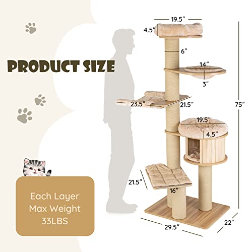 Tangkula Modern Cat Tree, Multi-Level Large Cat Tower w/Cat Condo, Hammocks & Hanging Basket, Tall Cat Tree w/Sisal Posts, Washable Cushions, Wood Cat Trees and Towers for Indoor Large Cats