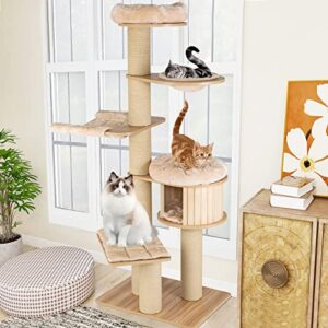 Tangkula Modern Cat Tree, Multi-Level Large Cat Tower w/Cat Condo, Hammocks & Hanging Basket, Tall Cat Tree w/Sisal Posts, Washable Cushions, Wood Cat Trees and Towers for Indoor Large Cats