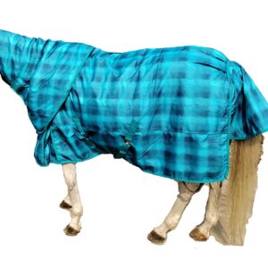 Ankaier 600D Waterproof & Windproof Winter Turnout Horse Blanket with Detachable Neck Hood Covered, High-Grade Thermal Polyfill Materials (250 Grams), Heavy Weight Version- Blue/Grid - 72" inches