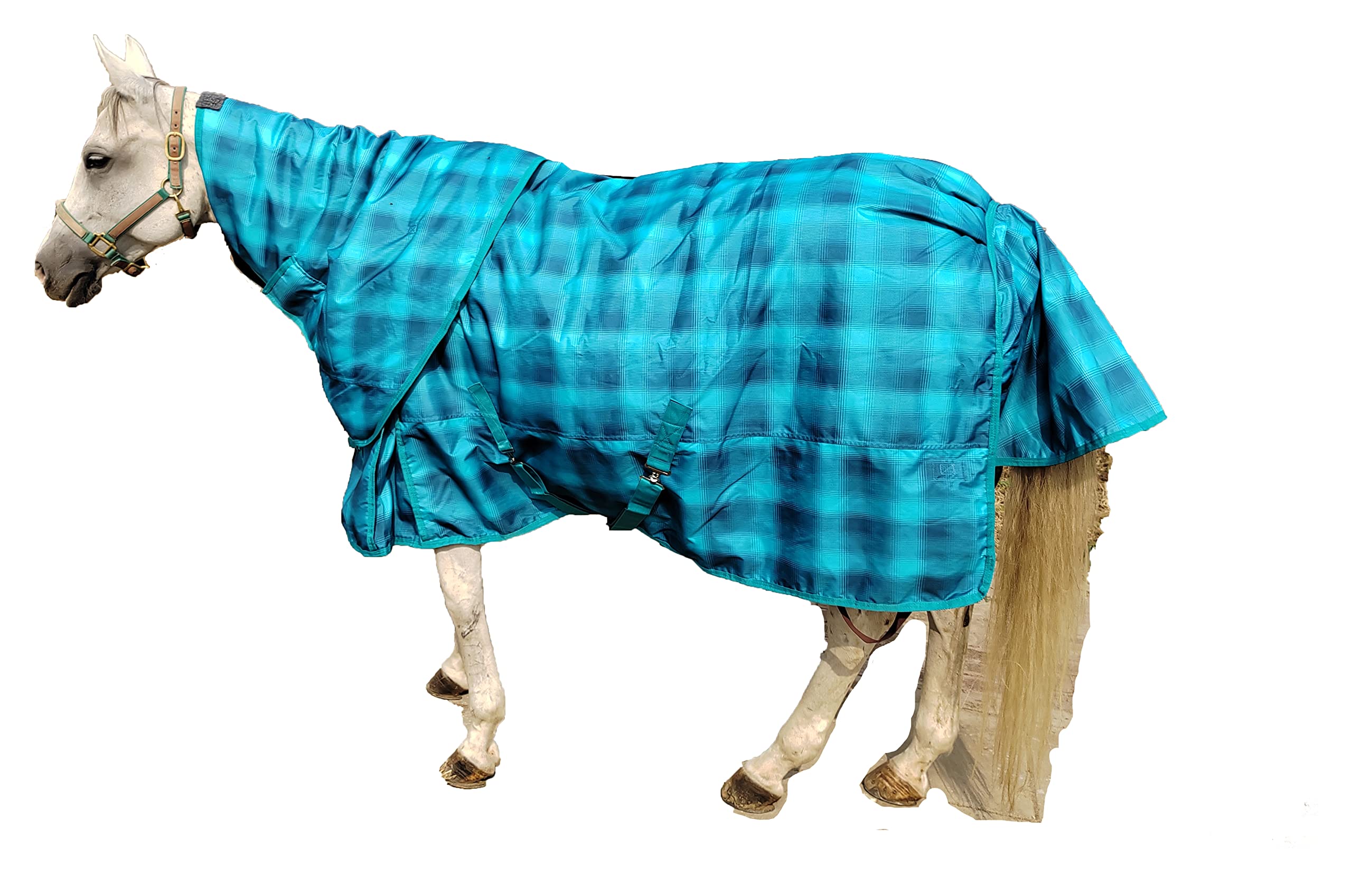 Ankaier 600D Waterproof & Windproof Winter Turnout Horse Blanket with Detachable Neck Hood Covered, High-Grade Thermal Polyfill Materials (250 Grams), Heavy Weight Version- Blue/Grid - 72" inches