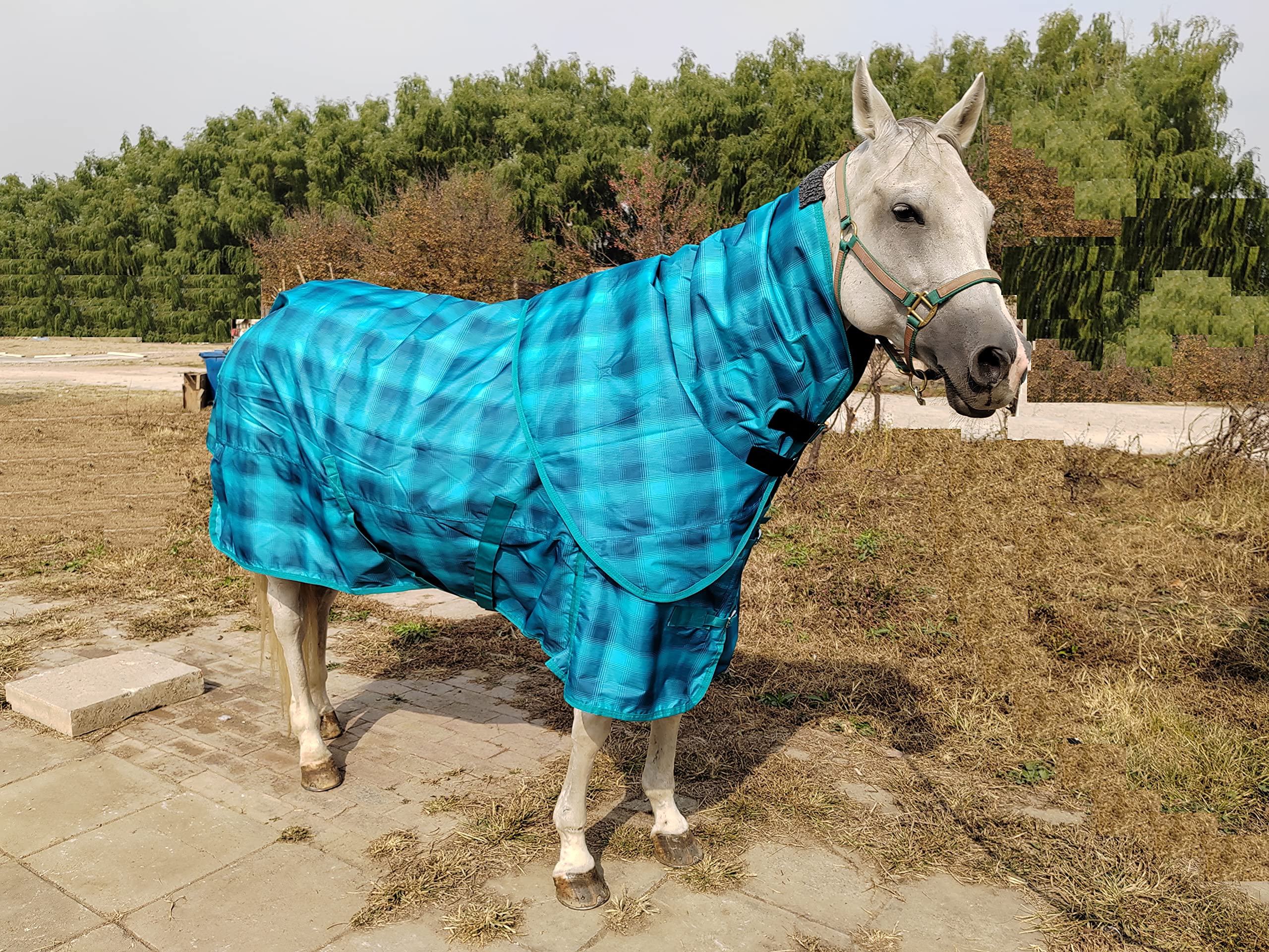 Ankaier 600D Waterproof & Windproof Winter Turnout Horse Blanket with Detachable Neck Hood Covered, High-Grade Thermal Polyfill Materials (250 Grams), Heavy Weight Version- Blue/Grid - 72" inches