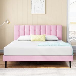 Moblly Full Size Platform Bed Frame with Headboard and No Box Spring Needed, Queen Bed for Large Storage Space/Mattress Foundation/Wood Slat Support/Easy Assembly, Pink