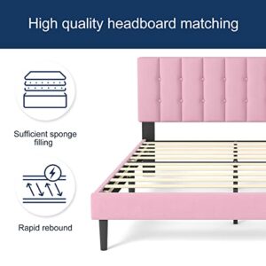 Moblly Full Size Platform Bed Frame with Headboard and No Box Spring Needed, Queen Bed for Large Storage Space/Mattress Foundation/Wood Slat Support/Easy Assembly, Pink