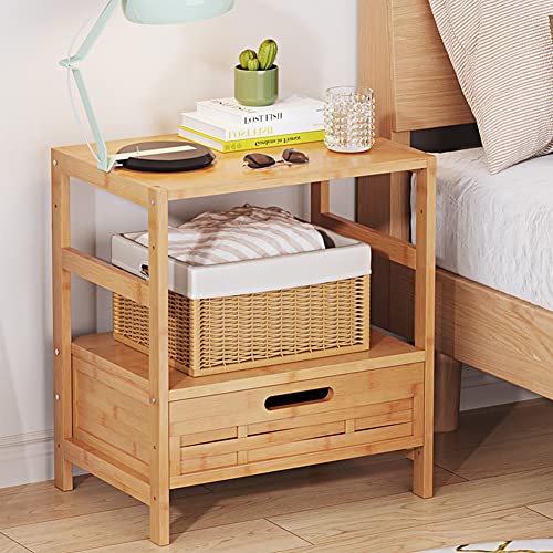 Baveke Bamboo Nightstand, Bedside Table End Table Side Table with Drawer and Storage Shelf, Mid-Century Modern Wood Night Stand for Bedroom, Lounge, Space Saving, Easy Assembly (Natural 1)