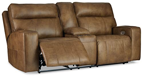 Signature Design by Ashley Game Plan Contemporary Tufted Leather Power Reclining Loveseat with Console and Adjustable Headrest, Light Brown