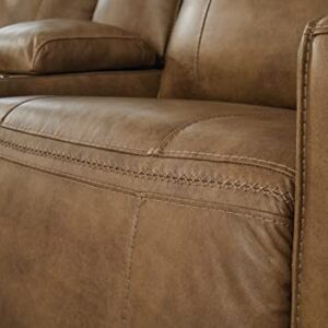 Signature Design by Ashley Game Plan Contemporary Tufted Leather Power Reclining Loveseat with Console and Adjustable Headrest, Light Brown