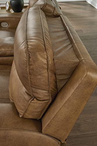 Signature Design by Ashley Game Plan Contemporary Tufted Leather Power Reclining Loveseat with Console and Adjustable Headrest, Light Brown