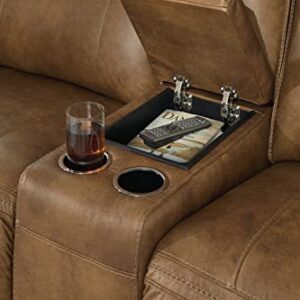 Signature Design by Ashley Game Plan Contemporary Tufted Leather Power Reclining Loveseat with Console and Adjustable Headrest, Light Brown