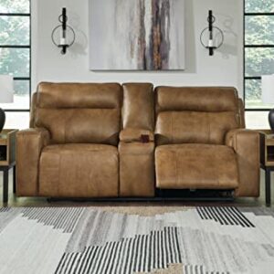 Signature Design by Ashley Game Plan Contemporary Tufted Leather Power Reclining Loveseat with Console and Adjustable Headrest, Light Brown