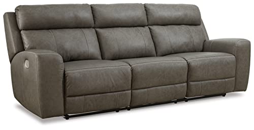 Signature Design by Ashley Roman Contemporary Tufted Leather Power Reclining Sofa with Adjustable Headrest, Gray