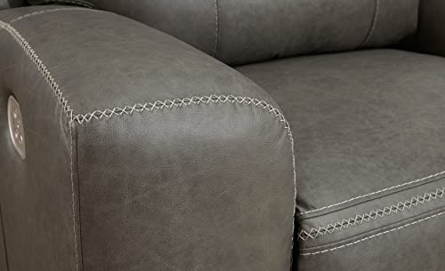 Signature Design by Ashley Roman Contemporary Tufted Leather Power Reclining Sofa with Adjustable Headrest, Gray