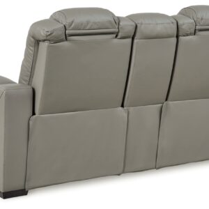 Signature Design by Ashley Backtrack Contemporary Tufted Leather Power Reclining Loveseat with Console and Adjustable Headrest, Light Gray