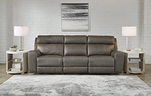 Signature Design by Ashley Roman Contemporary Tufted Leather Power Reclining Sofa with Adjustable Headrest, Gray