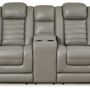 Signature Design by Ashley Backtrack Contemporary Tufted Leather Power Reclining Loveseat with Console and Adjustable Headrest, Light Gray