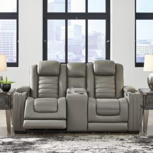 Signature Design by Ashley Backtrack Contemporary Tufted Leather Power Reclining Loveseat with Console and Adjustable Headrest, Light Gray