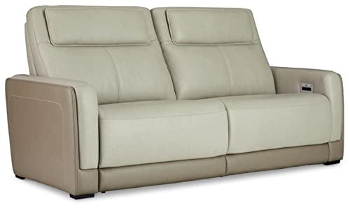 Signature Design by Ashley Battleville Contemporary Leather 2 Seat Power Reclining Sofa with Adjustable Headrest, Light Gray