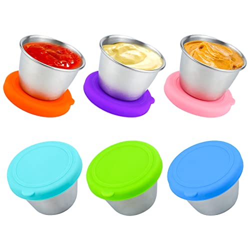 YETOOME 6 Pack Salad Dressing Containers To Go, 2.5 oz Small Condiment Containers with Lids, Reusable Stainless Steel Dipping Sauce Cups Containers, Leakproof Silicone Lids for Lunch, Picnic and Travel