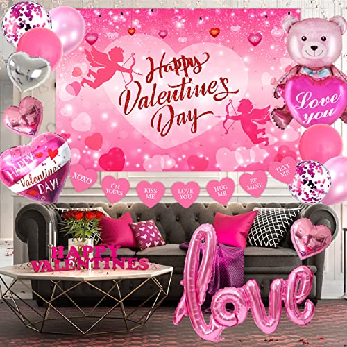 Valentines Decorations-Valentines Day Backdrop for Photography Cupid Romantic I Love You Balloons for Bedroom,Pink Happy Valentines Day Decor