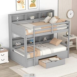 merax twin size bunk bed with built-in shelves beside both upper and down bed and storage drawer, twin over twin solid wood bed frame for teens, grey