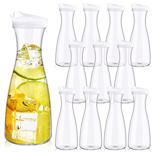 12 Packs Plastic Carafe with Lids 34 oz Clear Mimosa Juice Containers Acrylic Beverage Carafe Pitcher Drink Containers for Fridge Outdoor Iced Tea Powdered Juice Milk Coffee Party Mimosa Bar