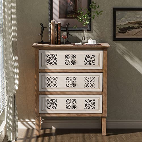 COZAYH Farmhouse 3-Drawer Accent Dresser with Print Front, Distressed Nightstand for Boho, Retro Rustic, French Country Style, Natural White 1-PACK