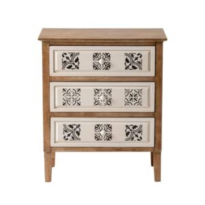 COZAYH Farmhouse 3-Drawer Accent Dresser with Print Front, Distressed Nightstand for Boho, Retro Rustic, French Country Style, Natural White 1-PACK