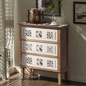 COZAYH Farmhouse 3-Drawer Accent Dresser with Print Front, Distressed Nightstand for Boho, Retro Rustic, French Country Style, Natural White 1-PACK