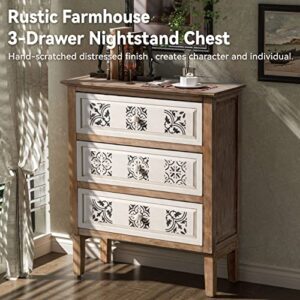 COZAYH Farmhouse 3-Drawer Accent Dresser with Print Front, Distressed Nightstand for Boho, Retro Rustic, French Country Style, Natural White 1-PACK