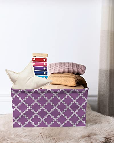 Storage Basket,Geometric Art Moroccan Check Collapsible Storage Bin with Handles Waterproof Foldable Cube Bins Purple Large Organizer Baskets for Shelves Closet Nursery