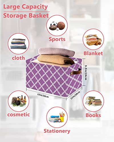 Storage Basket,Geometric Art Moroccan Check Collapsible Storage Bin with Handles Waterproof Foldable Cube Bins Purple Large Organizer Baskets for Shelves Closet Nursery