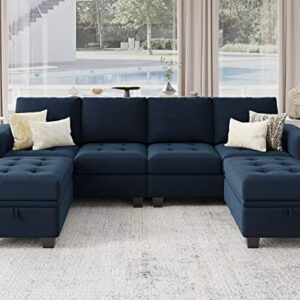 Belffin Velvet U Shaped Sectional Sofa Couch with Storage Ottoman Convertibel Sectional Sofa with Reversible Chaises Blue