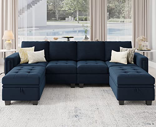 Belffin Velvet U Shaped Sectional Sofa Couch with Storage Ottoman Convertibel Sectional Sofa with Reversible Chaises Blue