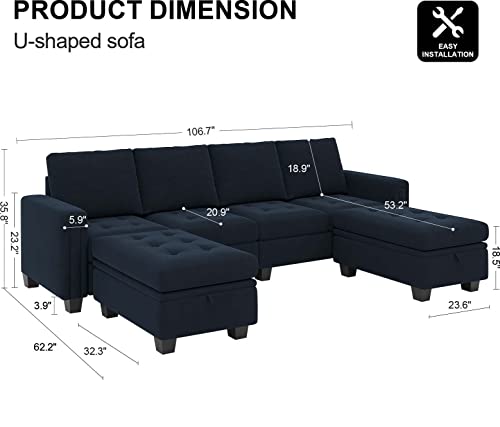 Belffin Velvet U Shaped Sectional Sofa Couch with Storage Ottoman Convertibel Sectional Sofa with Reversible Chaises Blue