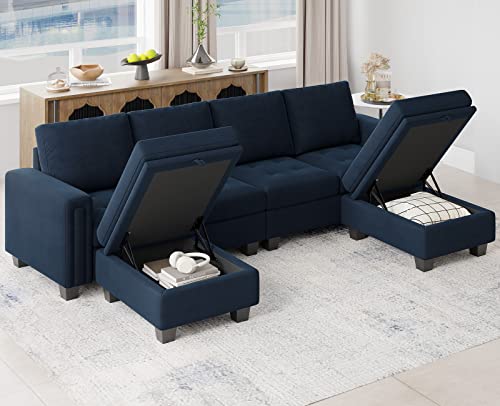 Belffin Velvet U Shaped Sectional Sofa Couch with Storage Ottoman Convertibel Sectional Sofa with Reversible Chaises Blue