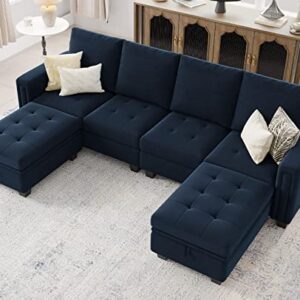 Belffin Velvet U Shaped Sectional Sofa Couch with Storage Ottoman Convertibel Sectional Sofa with Reversible Chaises Blue