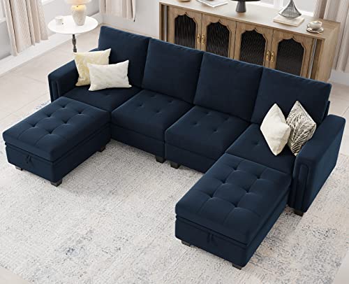 Belffin Velvet U Shaped Sectional Sofa Couch with Storage Ottoman Convertibel Sectional Sofa with Reversible Chaises Blue