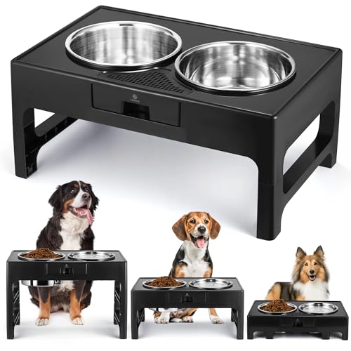 Lapensa Elevated Dog Bowls, Stainless Steel Raised Dog Bowl with Adjustable Stand, Double Dog Food and Water Bowl for Medium Large Dogs, 3 Heights 3.9”, 7.8”, 11.8”,(Black)