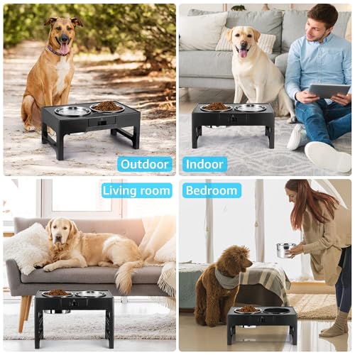 Lapensa Elevated Dog Bowls, Stainless Steel Raised Dog Bowl with Adjustable Stand, Double Dog Food and Water Bowl for Medium Large Dogs, 3 Heights 3.9”, 7.8”, 11.8”,(Black)