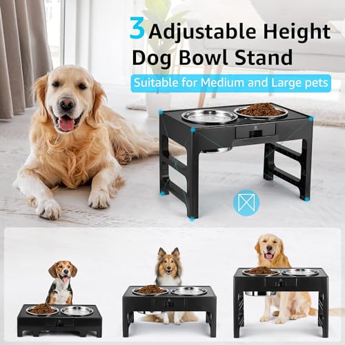 Lapensa Elevated Dog Bowls, Stainless Steel Raised Dog Bowl with Adjustable Stand, Double Dog Food and Water Bowl for Medium Large Dogs, 3 Heights 3.9”, 7.8”, 11.8”,(Black)