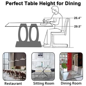 Modern Tempered Glass Dining Table for 6 Persons, 63'' Rectangilar Dining Room Table with Dual O-Shaped High Glossy Wood Base, Elegant Kitchen Table Versatile Glass Table for Home (White)