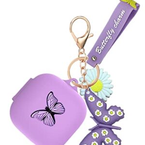 Case for Beats Fit Pro with Wristlet Keychain, Cute Cartoon Butterfly Charm Soft Silicone Charging Case with Wrist Strap Anti-Lost Cover for Beats Fit Pro X 2021/2022, Gift for Women Girl (Purple)