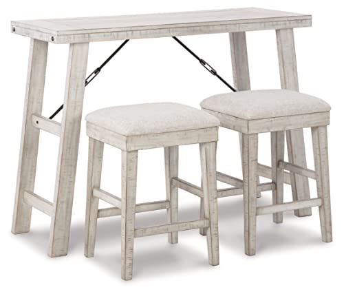 Signature Design by Ashley Carynhurst Coastal Counter Height Dining Table Set with Upholstered Bar Stools, Set of 3, White & Beige